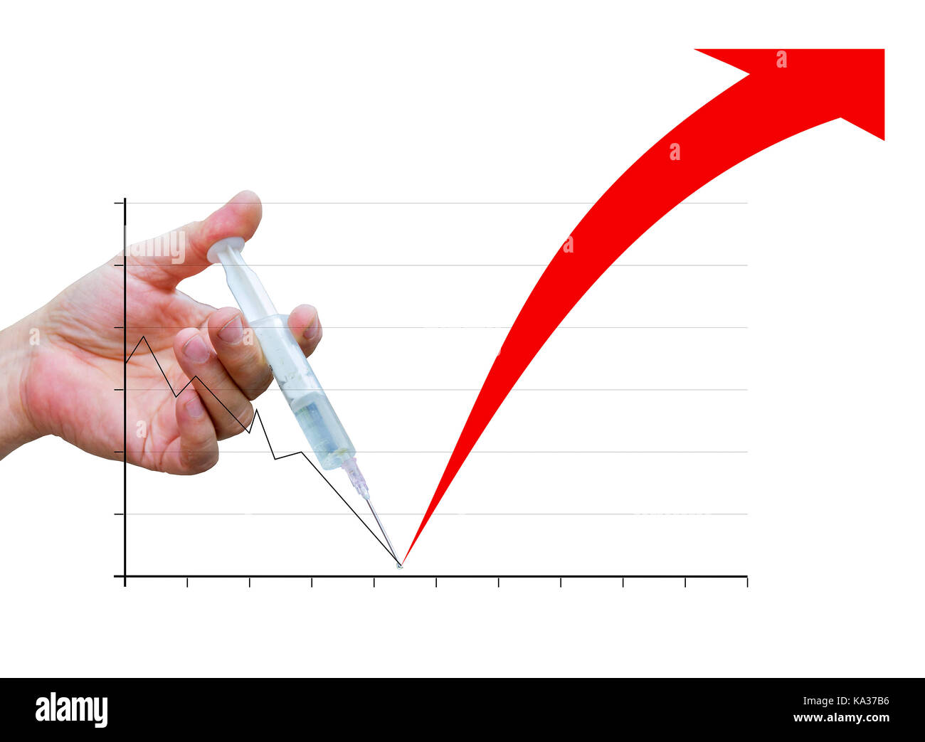 The hand injects a financial injection on a chart, on a white ...
