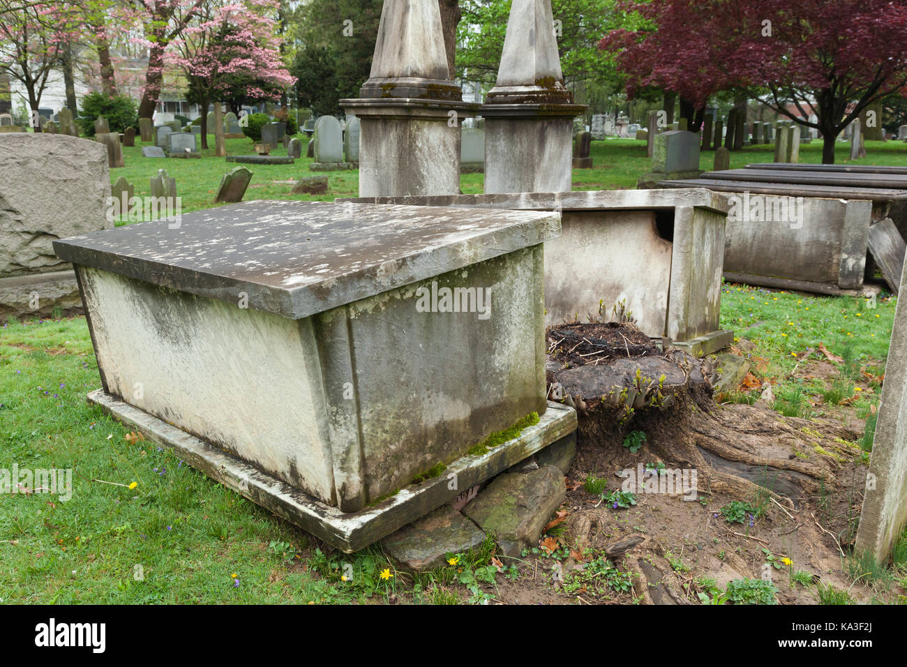 PRINCETON, NEW JERSEY - April 26, 2017: Above ground crypts are aged ...