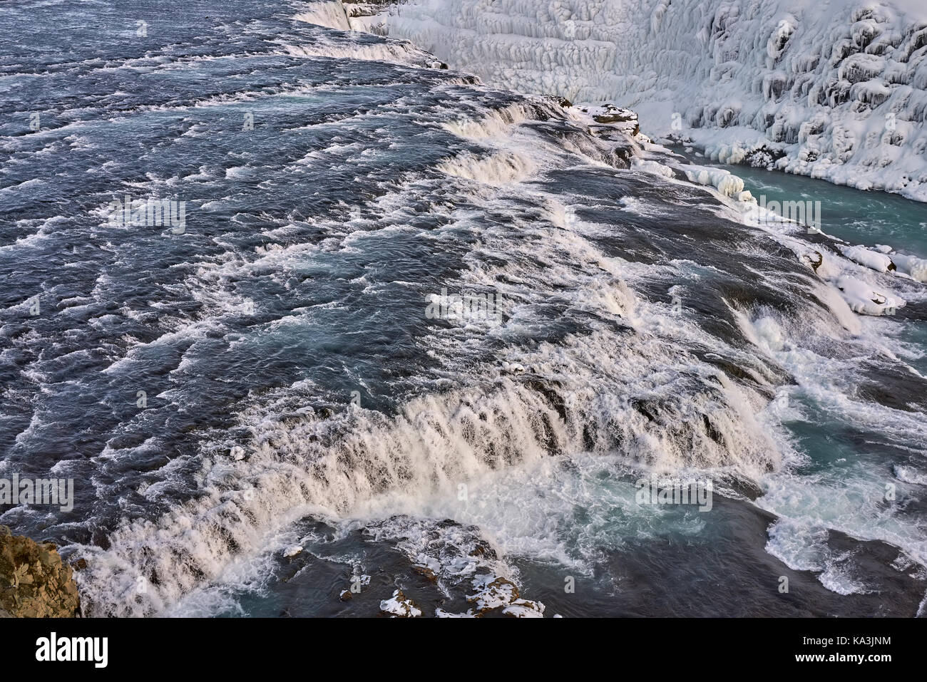 Rough river with frozen shore in Iceland. View from above. Horizontal ...