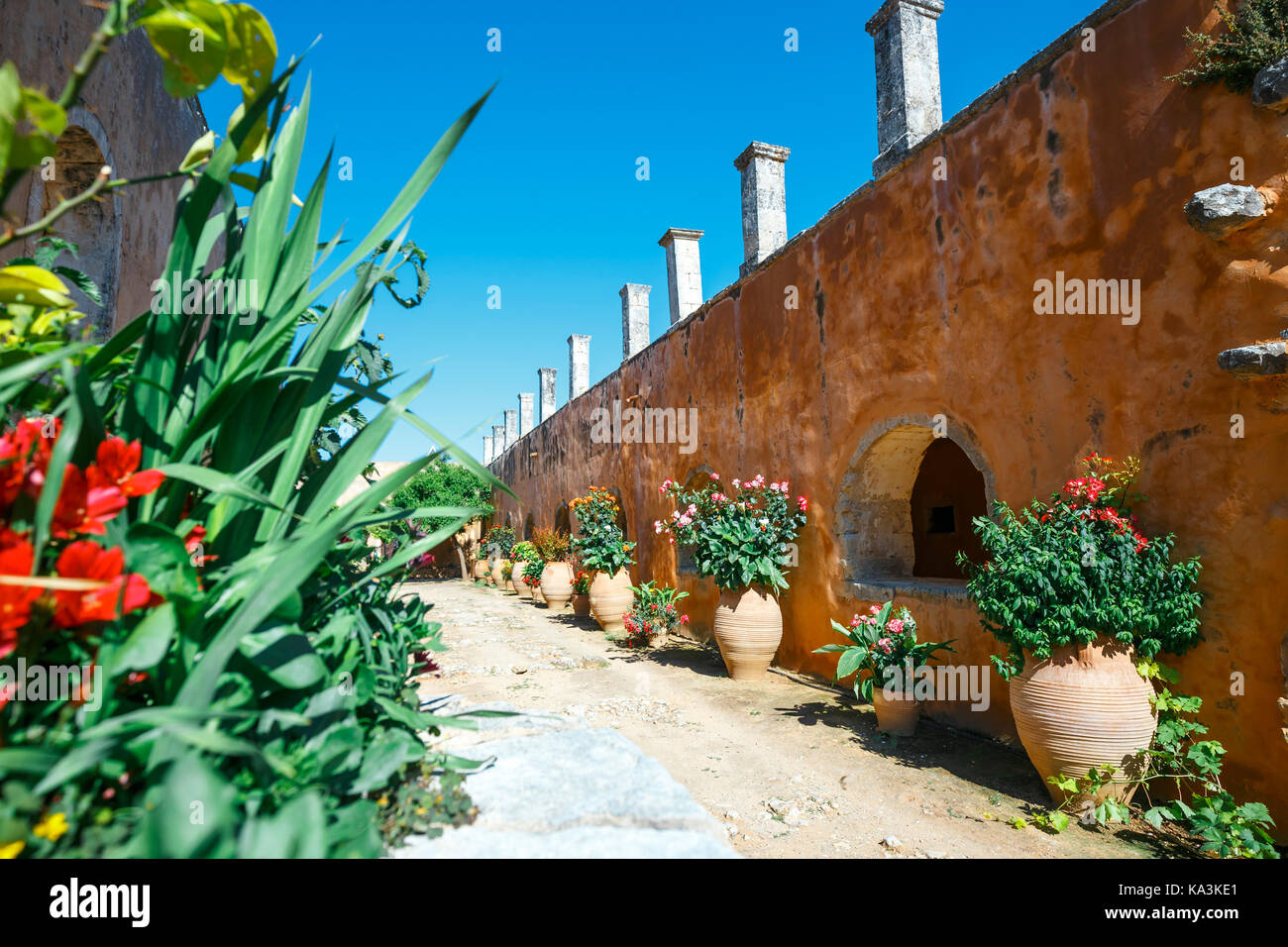 The courtyard of Arkadi Monastery on Crete island, Greece Stock Photo ...
