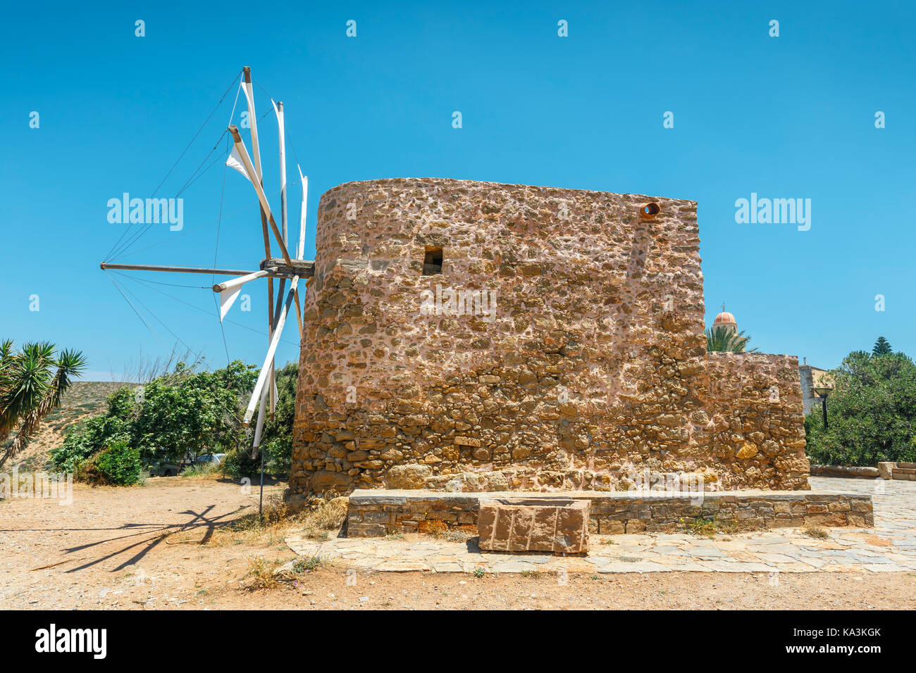 Old stone windmill near the monastery Toplou, Crete island in Greece ...