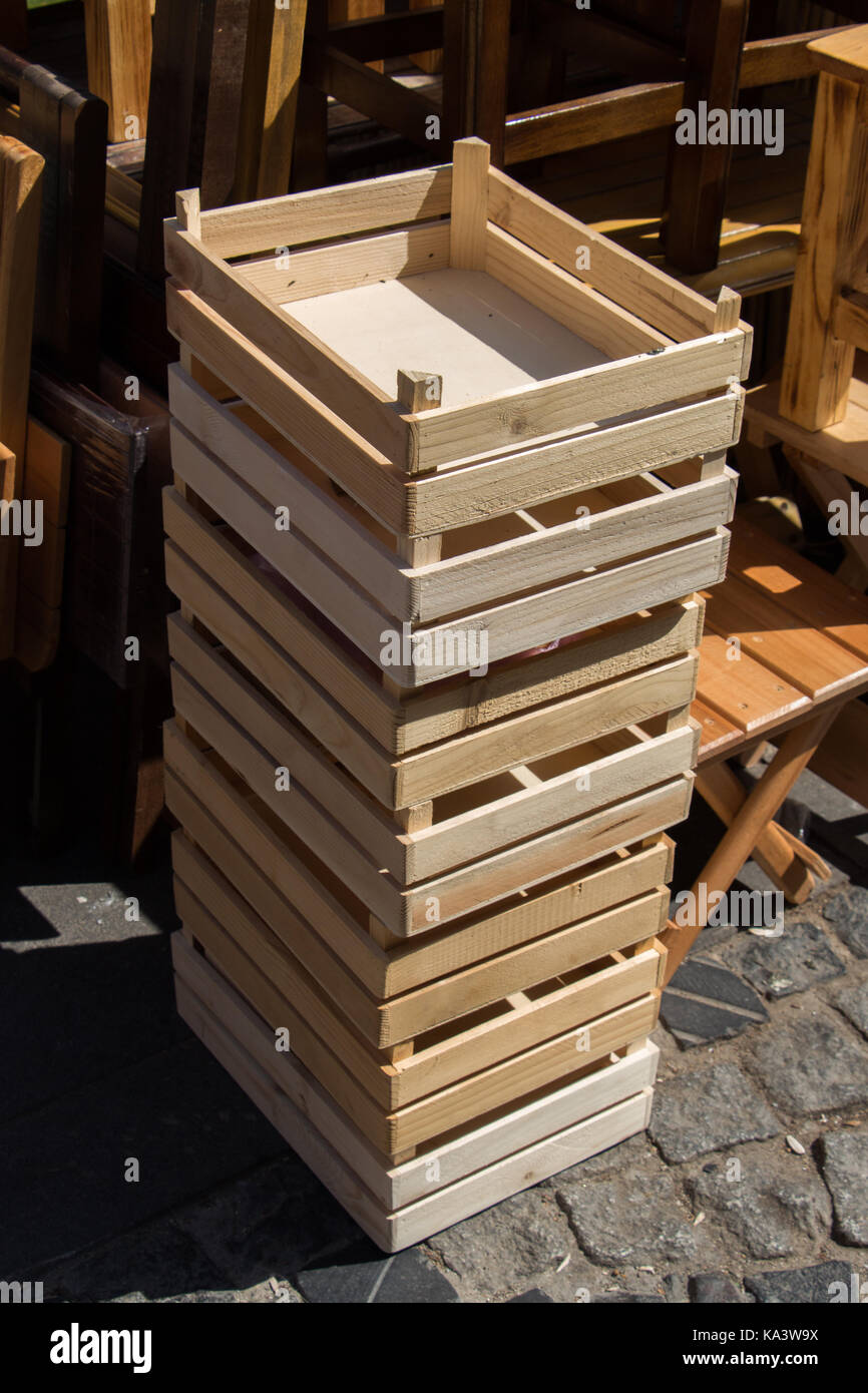 Wooden empty crate box for sale in a market Stock Photo - Alamy