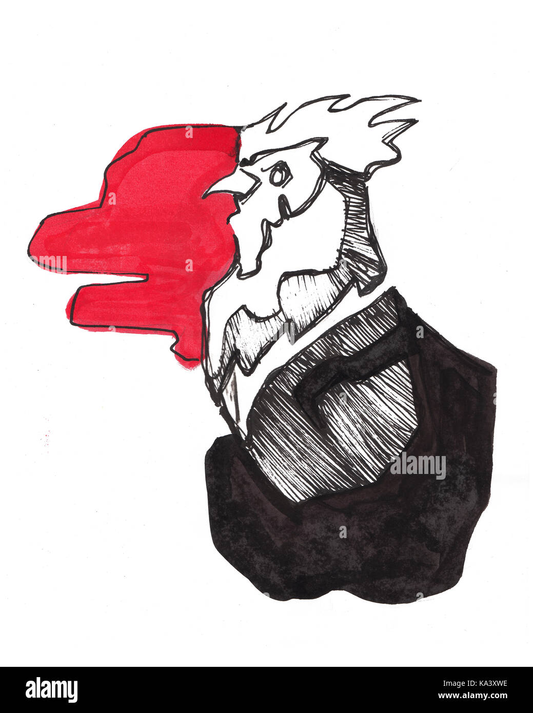 Hand drawn illustration or watercolor ink drawing of a rooster head ...