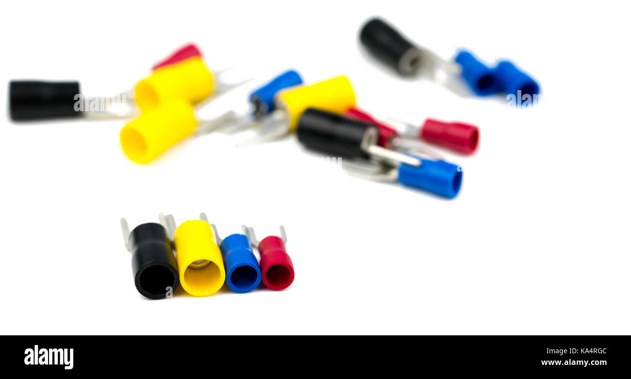 Spade terminals electrical cable connector accessories isolated on blur ...