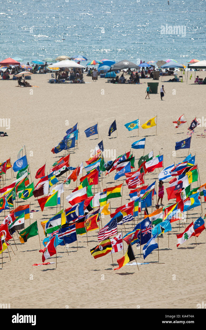 Flags on the beach, Santa Monica, Los Angeles, California, USA Stock ...