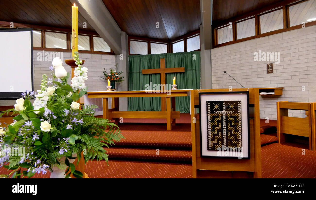 Interior wide shot of a funeral chapel Interior wide shot of a funeral ...