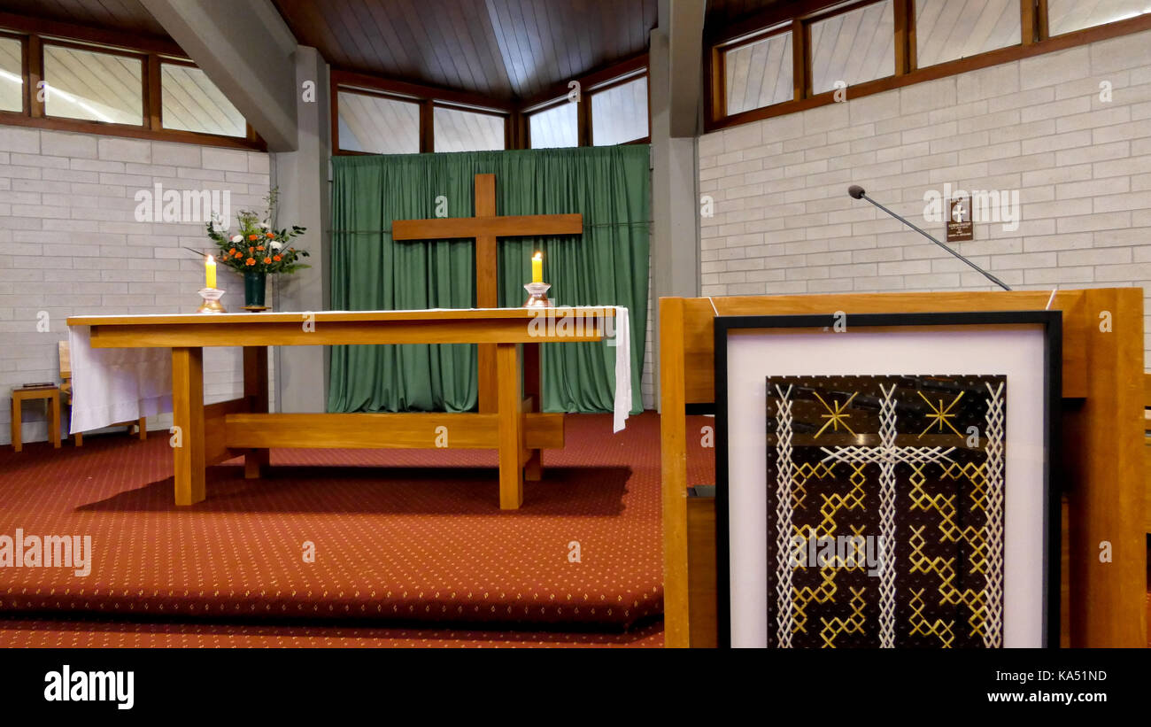 Interior wide shot of a funeral chapel Interior wide shot of a funeral ...