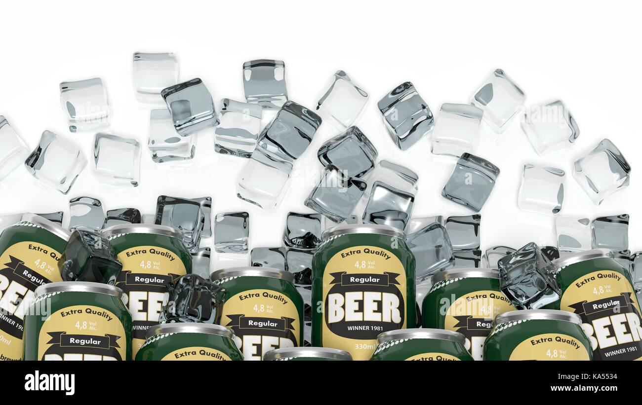 Group of cans with beer in ice cubes isolated on white Stock Photo - Alamy