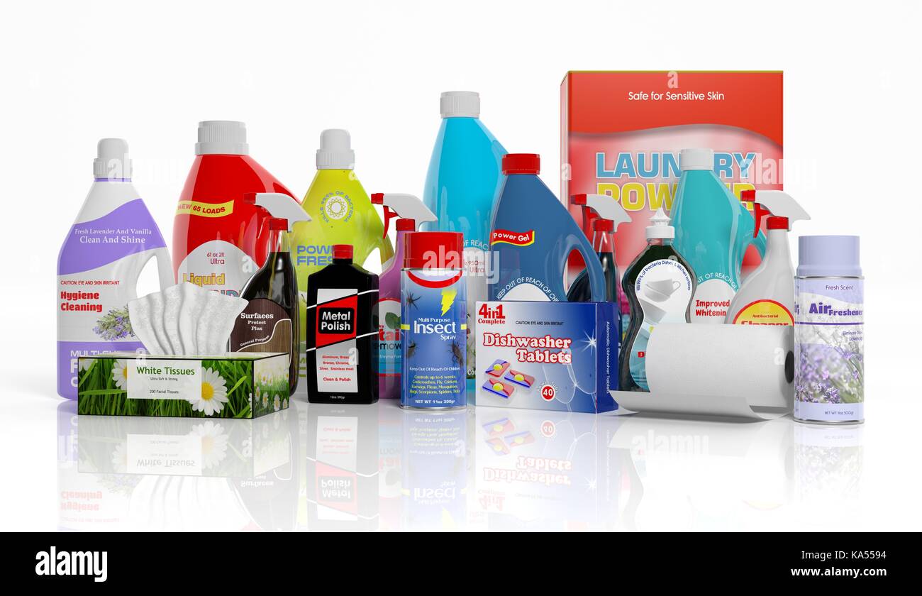 3D collection of household cleaning products isolated on white ...
