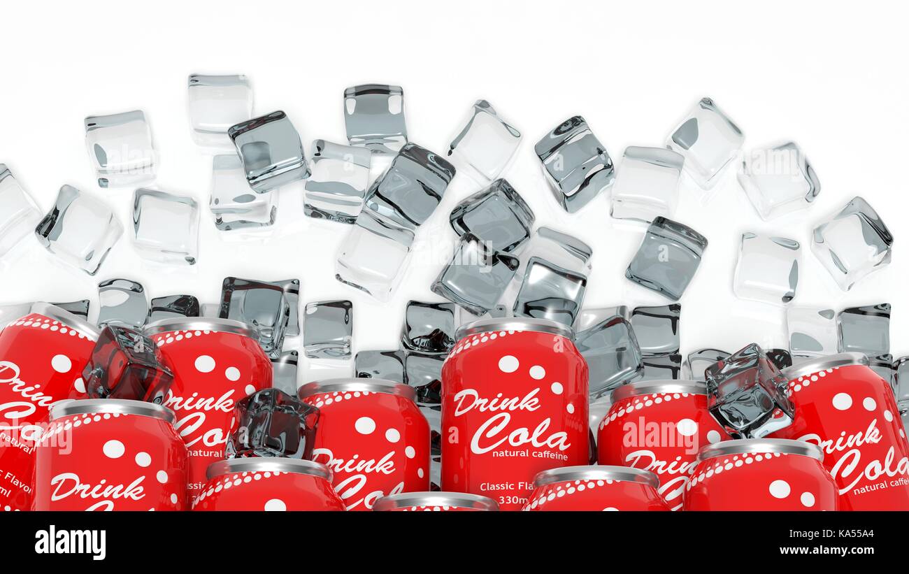 Group of cans with cola in ice cubes isolated on white Stock Photo - Alamy