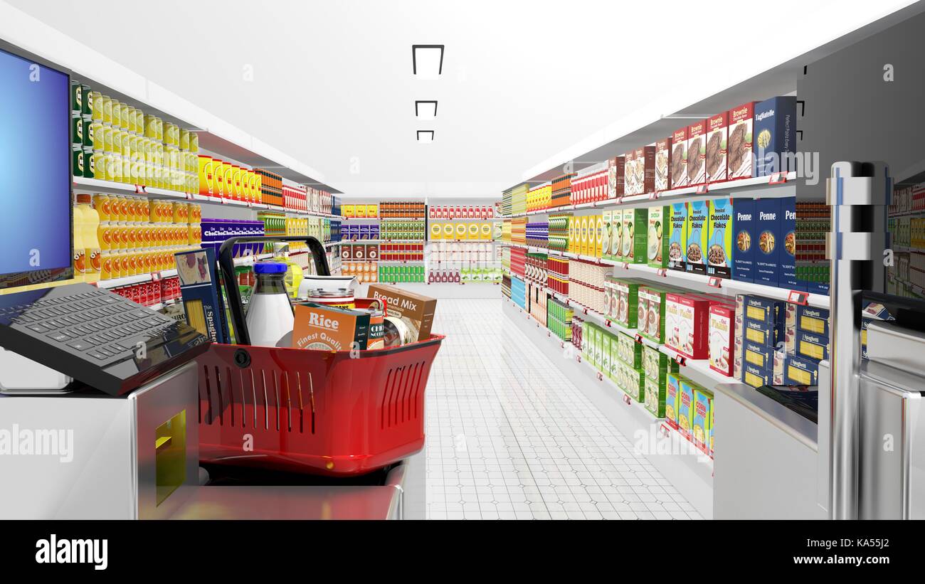 Supermarket interior with cash machine and groceries Stock Photo - Alamy
