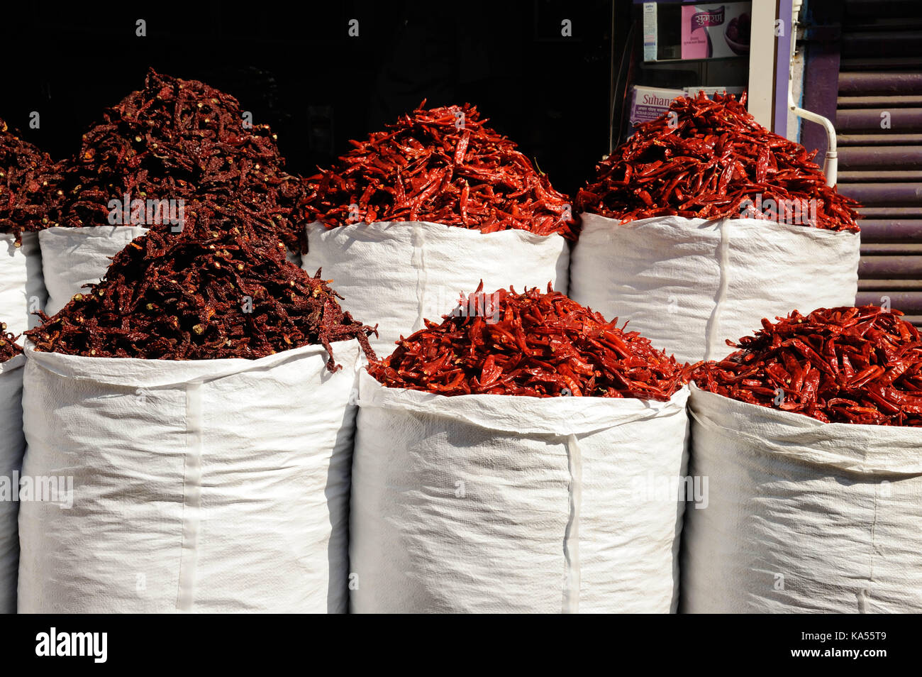 red chilli in sacks kept for selling, mumbai, maharashtra, India, Asia ...