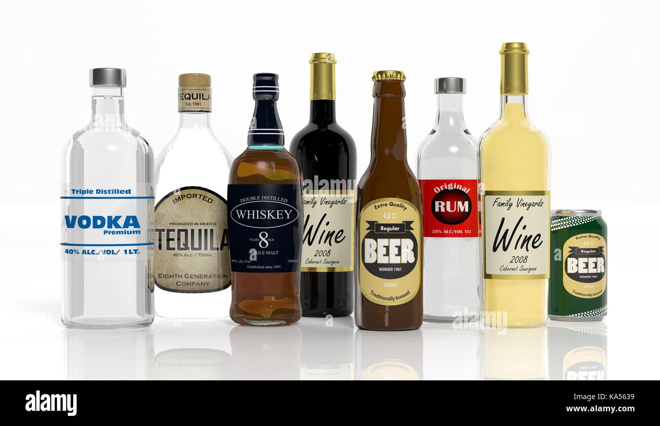 3D collection of alcoholic beverages bottles isolated on white ...