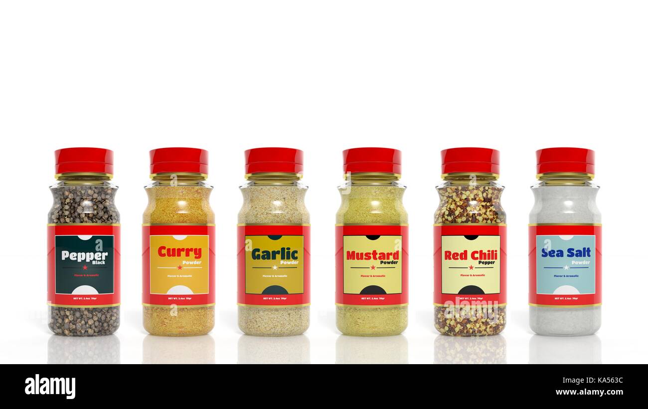 3D collection of seasoning bottles isolated on white background Stock ...