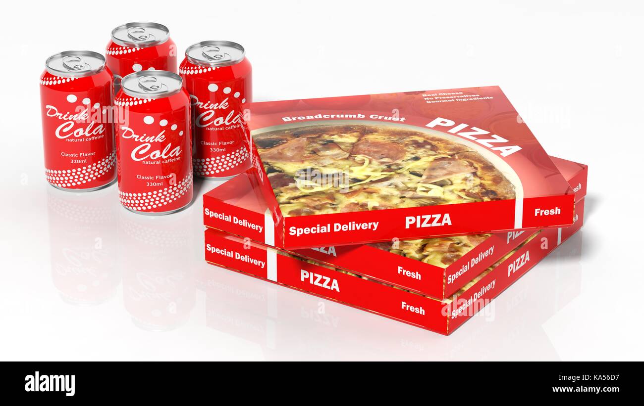 3D cola cans and pizza boxes isolated on white Stock Photo - Alamy