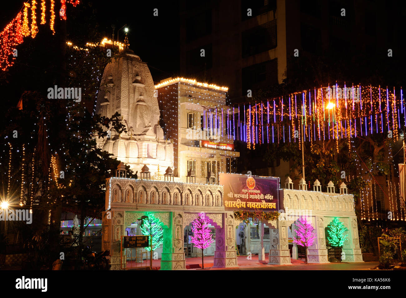 illuminated marubai gaondevi temple, matunga, mumbai, maharashtra ...