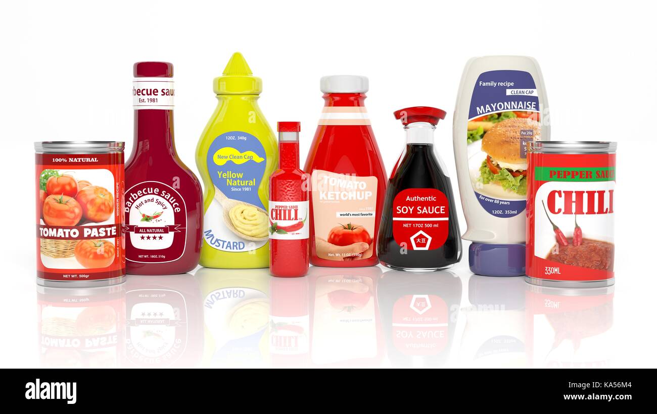 Various 3D table sauce products isolated on white Stock Photo - Alamy