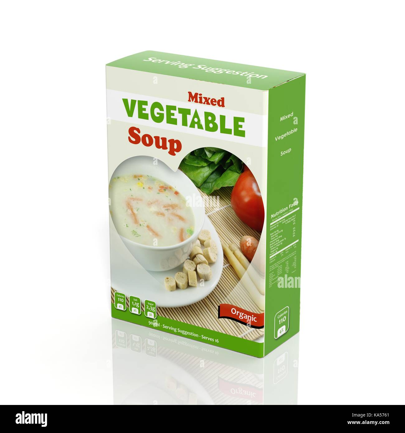 3D vegetable soup paper package isolated on white Stock Photo - Alamy