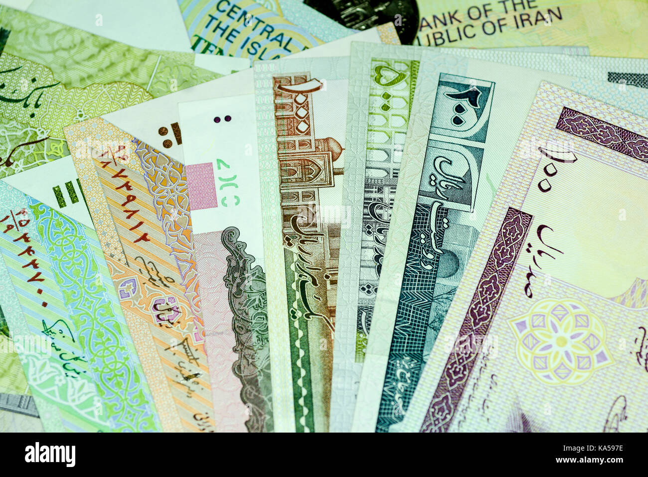 Close-up Iranian banknote and currency, Rials, Islamic Republic of Iran ...