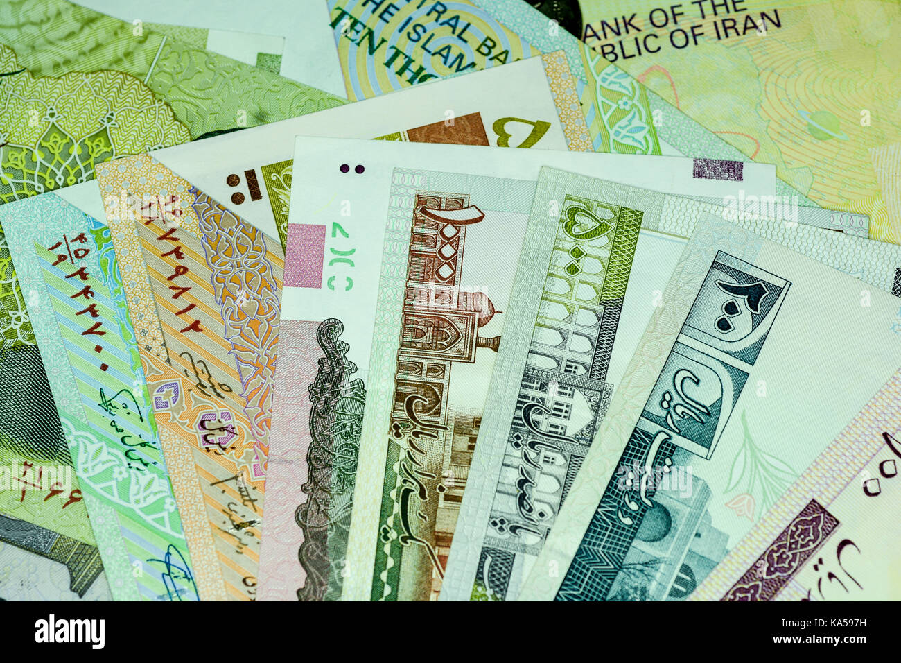 Close-up Iranian banknote and currency, Rials, Islamic Republic of Iran ...