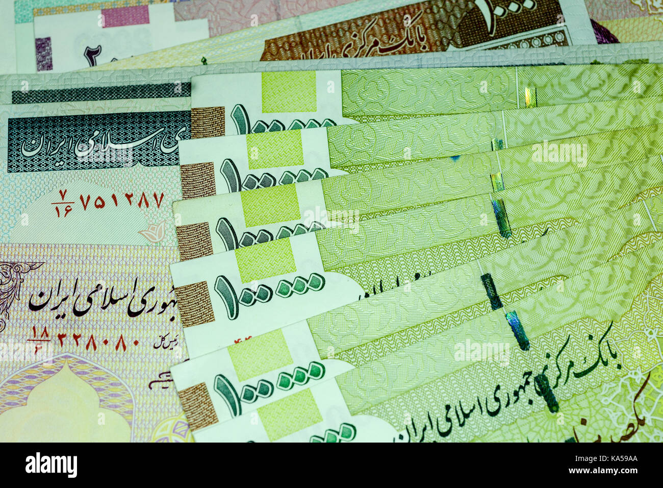 Close-up Iranian banknote and currency, Rials, Islamic Republic of Iran ...