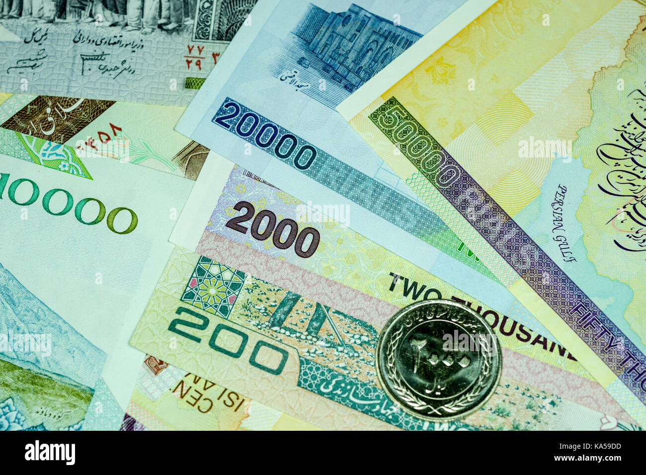 Close-up Iranian banknote and currency, Rials, Islamic Republic of Iran ...