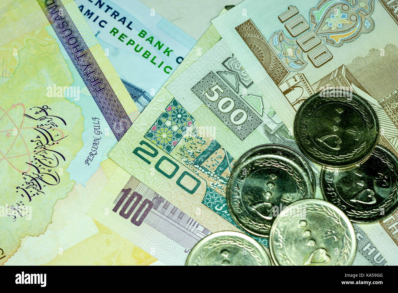 Close-up Iranian banknote and currency, Rials, Islamic Republic of Iran ...