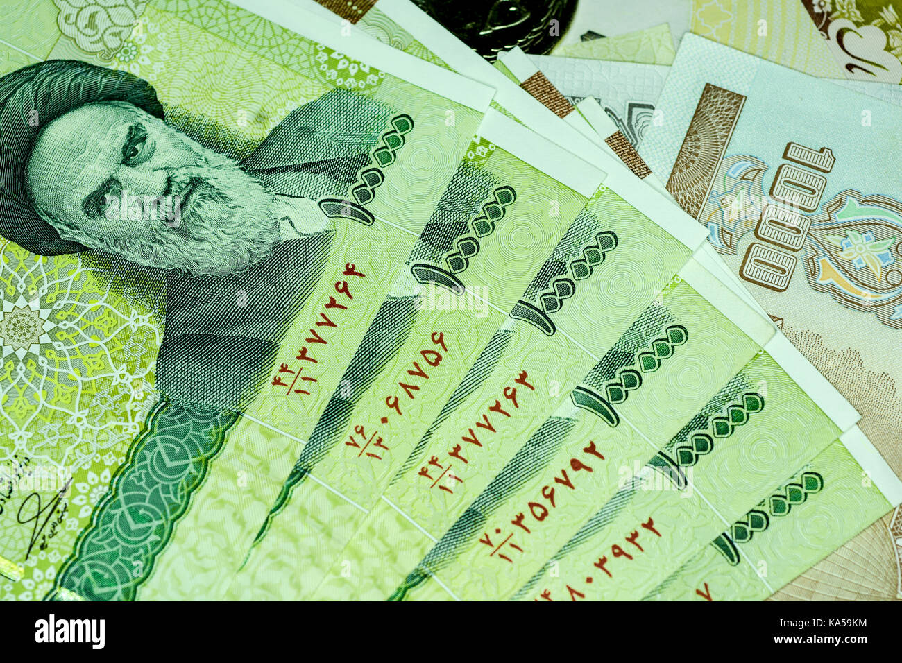 Close-up Iranian banknote and currency, Rials, Islamic Republic of Iran ...
