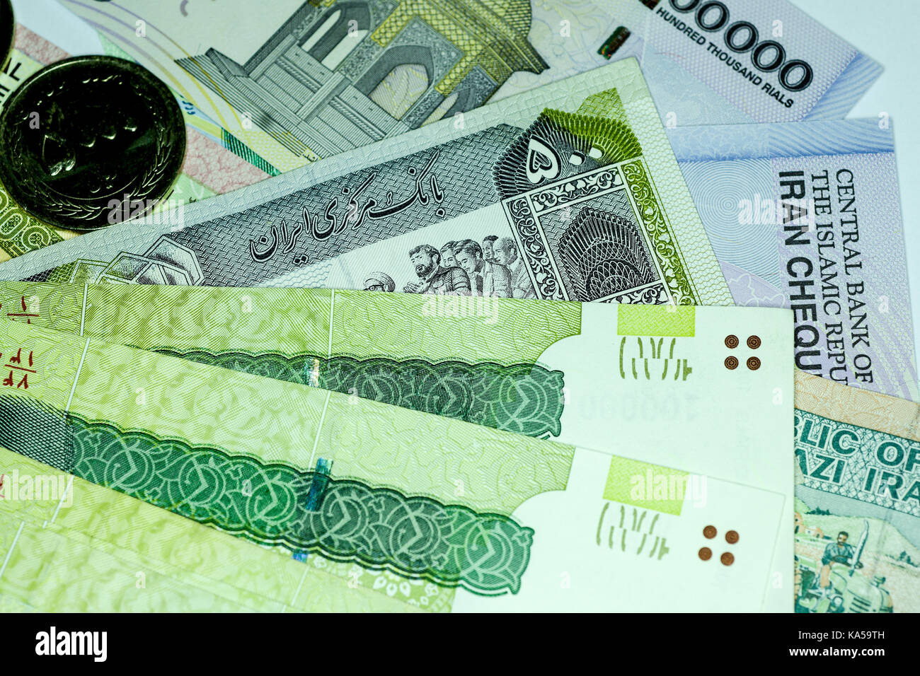 Close-up Iranian banknote and currency, Rials, Islamic Republic of Iran ...