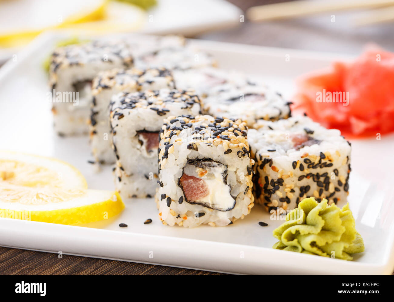 Maki and nigiri sushi. Sushi menu. Japanese food Stock Photo - Alamy
