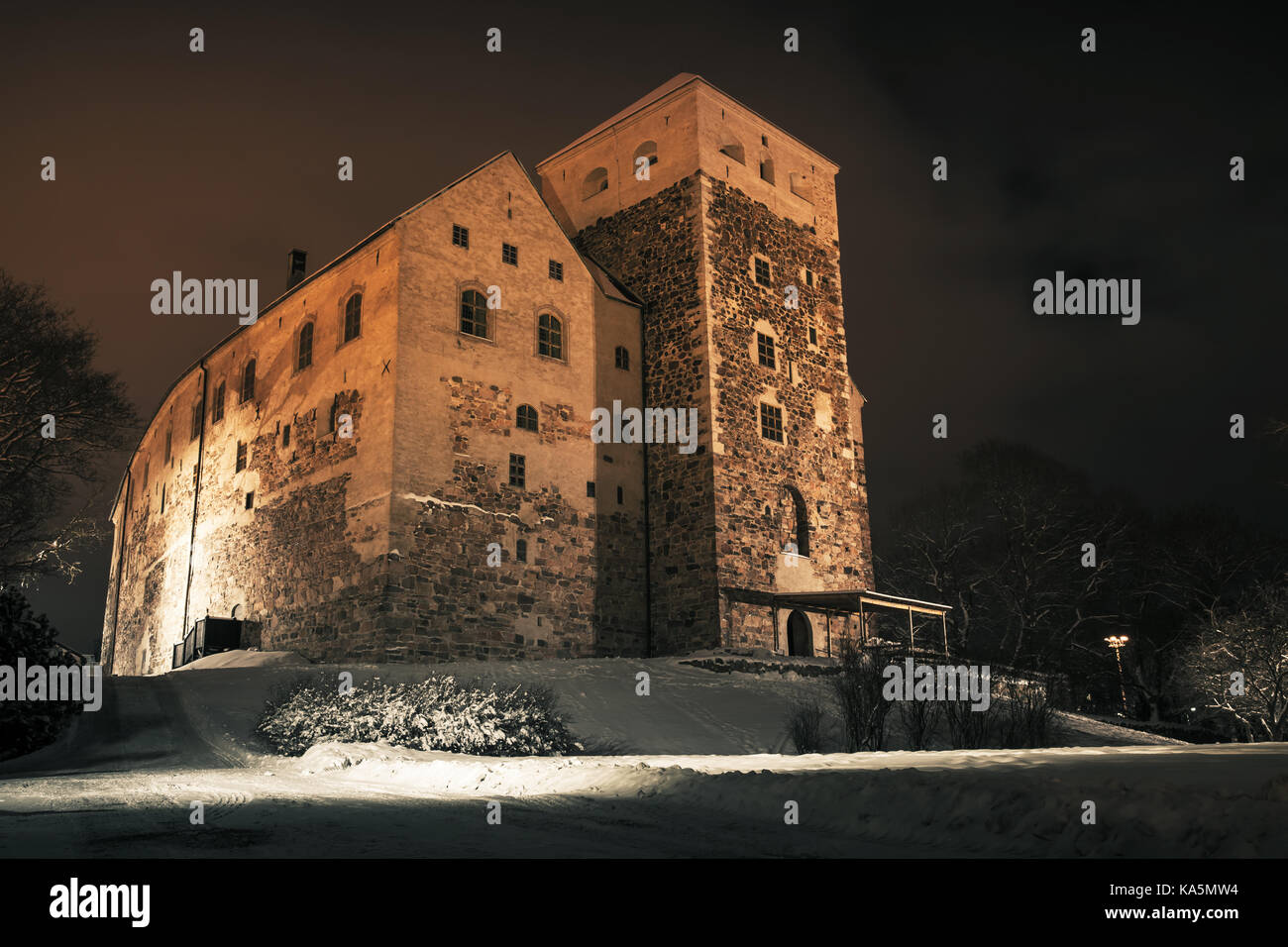 Turku Castle at night, it is a medieval building in the city of Turku ...