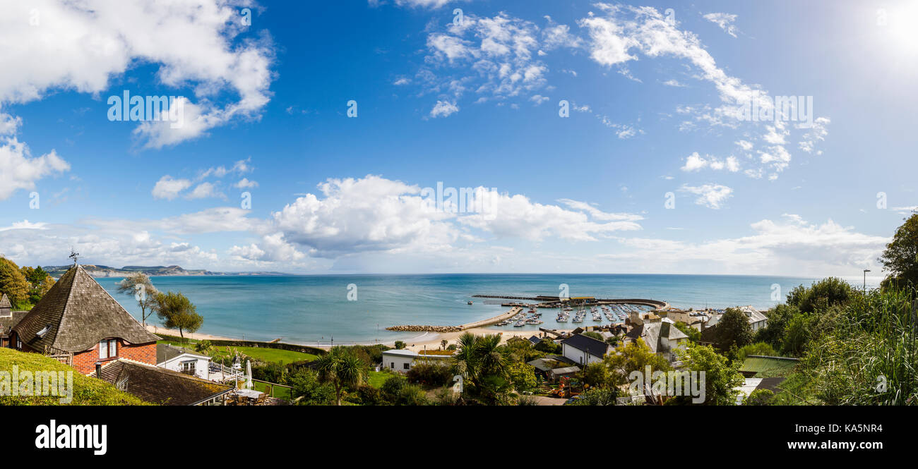 Panoramic view of Lyme Bay, The Cobb and harbour at Lyme Regis, a ...