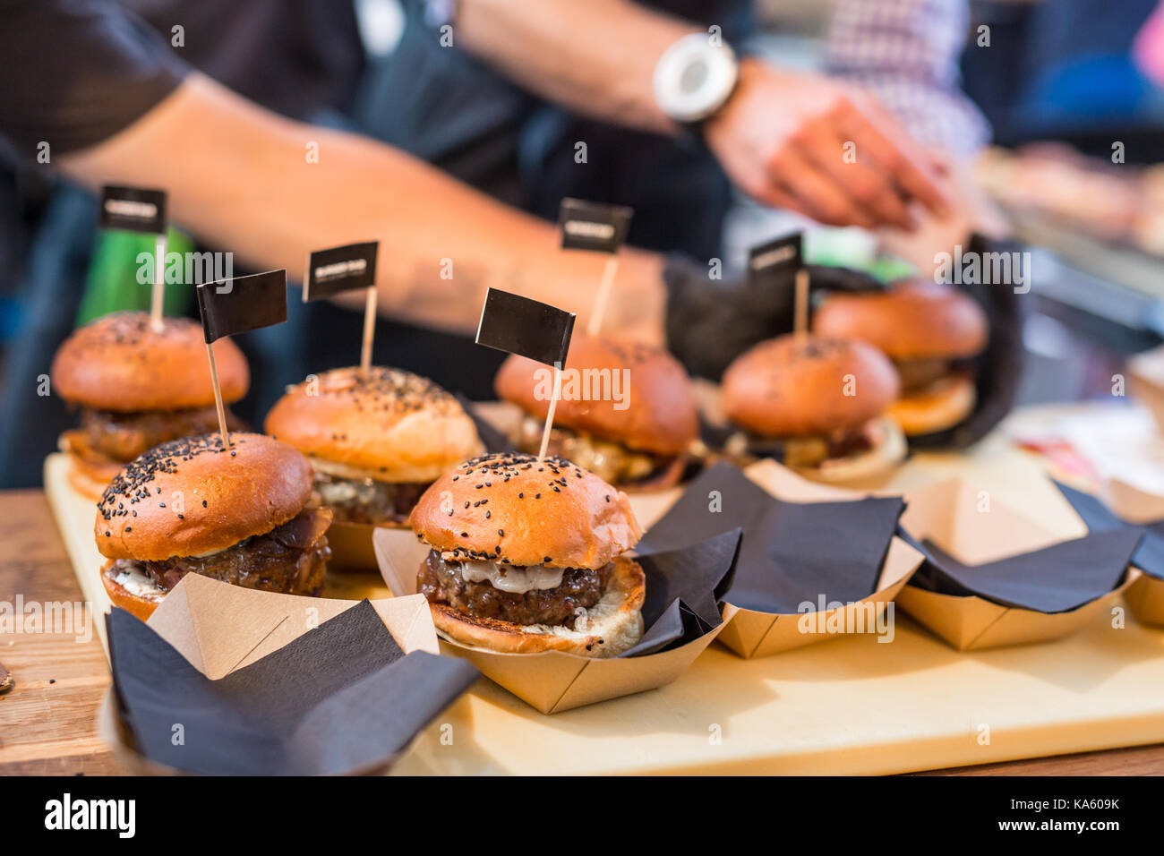 Chef making beef burgers outdoor on open kitchen international food ...