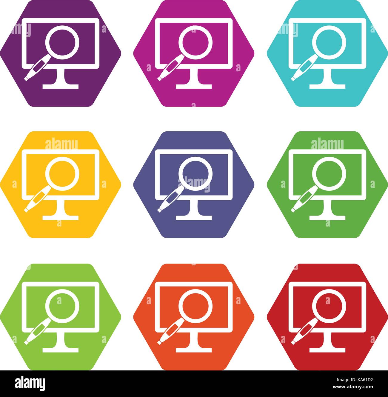 Computer monitor magnifying glass icon set color hexahedron Stock ...
