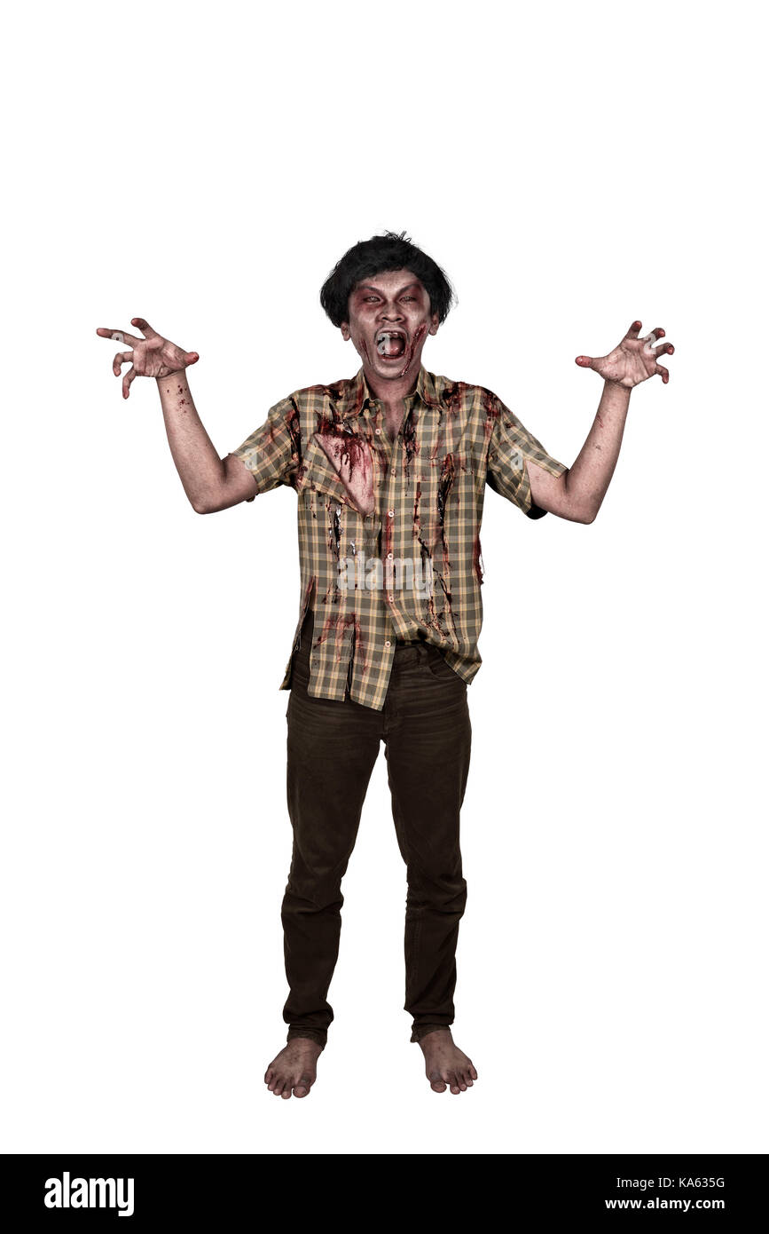 Portrait of scary asian zombie man hand with a claw standing isolated ...