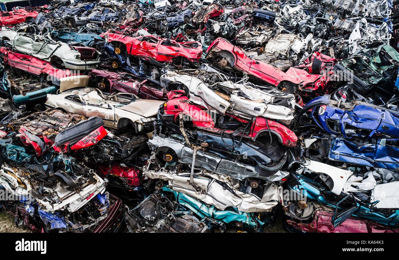 Destroyed scrapped cars stacked on a scrap yard. Car recycling Stock ...