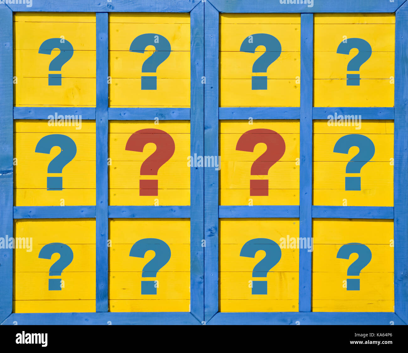Red and blue question marks on a closed wooden window Stock Photo - Alamy