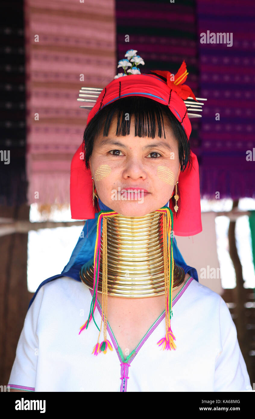 Closeup portrait of woman pagan tribe Karen (Padaung) Long Neck with ...