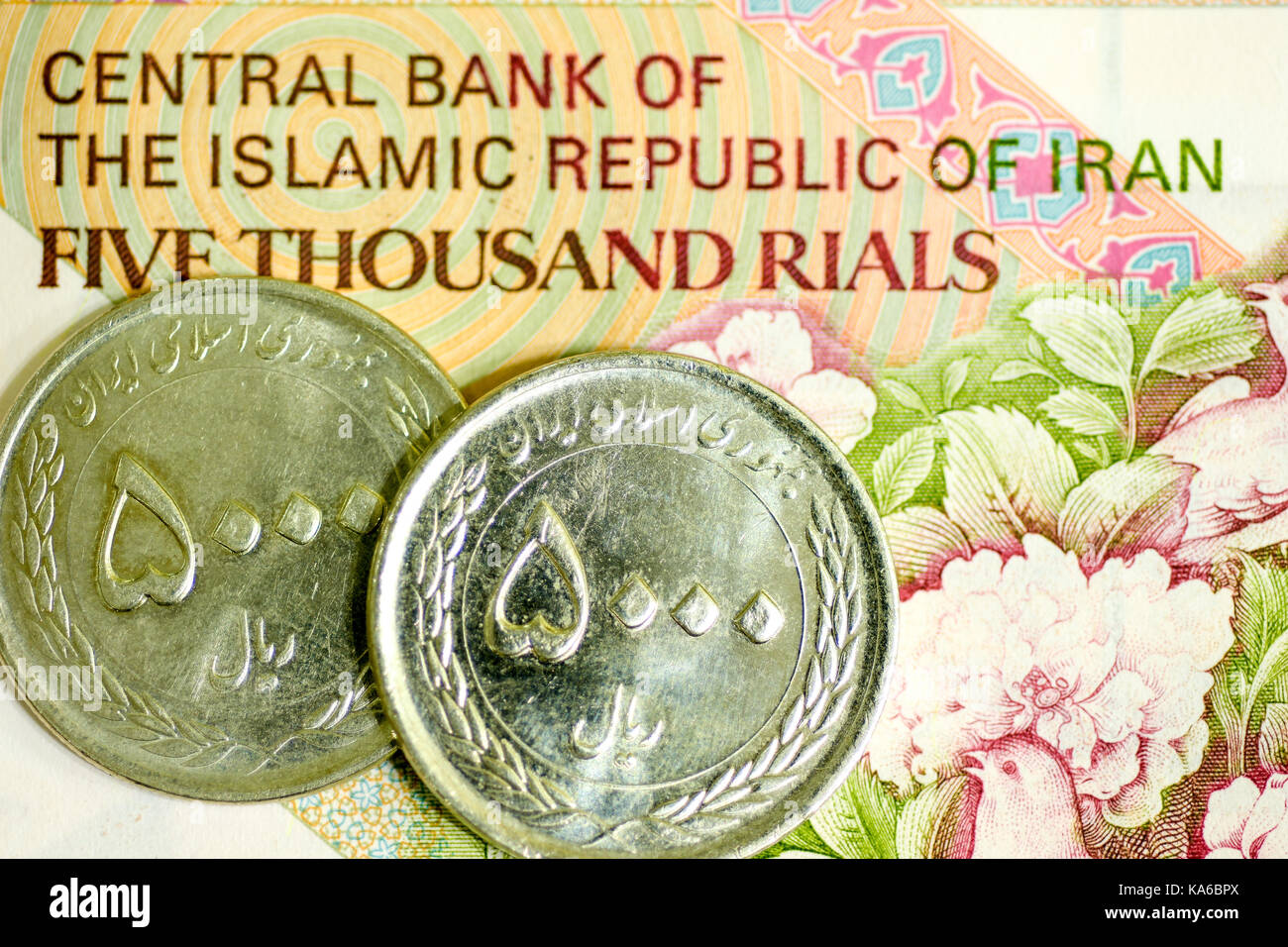 Close-up Iranian banknote and currency, Rials, Islamic Republic of Iran ...