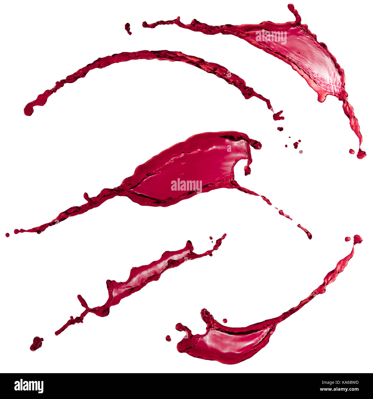 Beautiful collection of flying liquid splashes red color over white ...