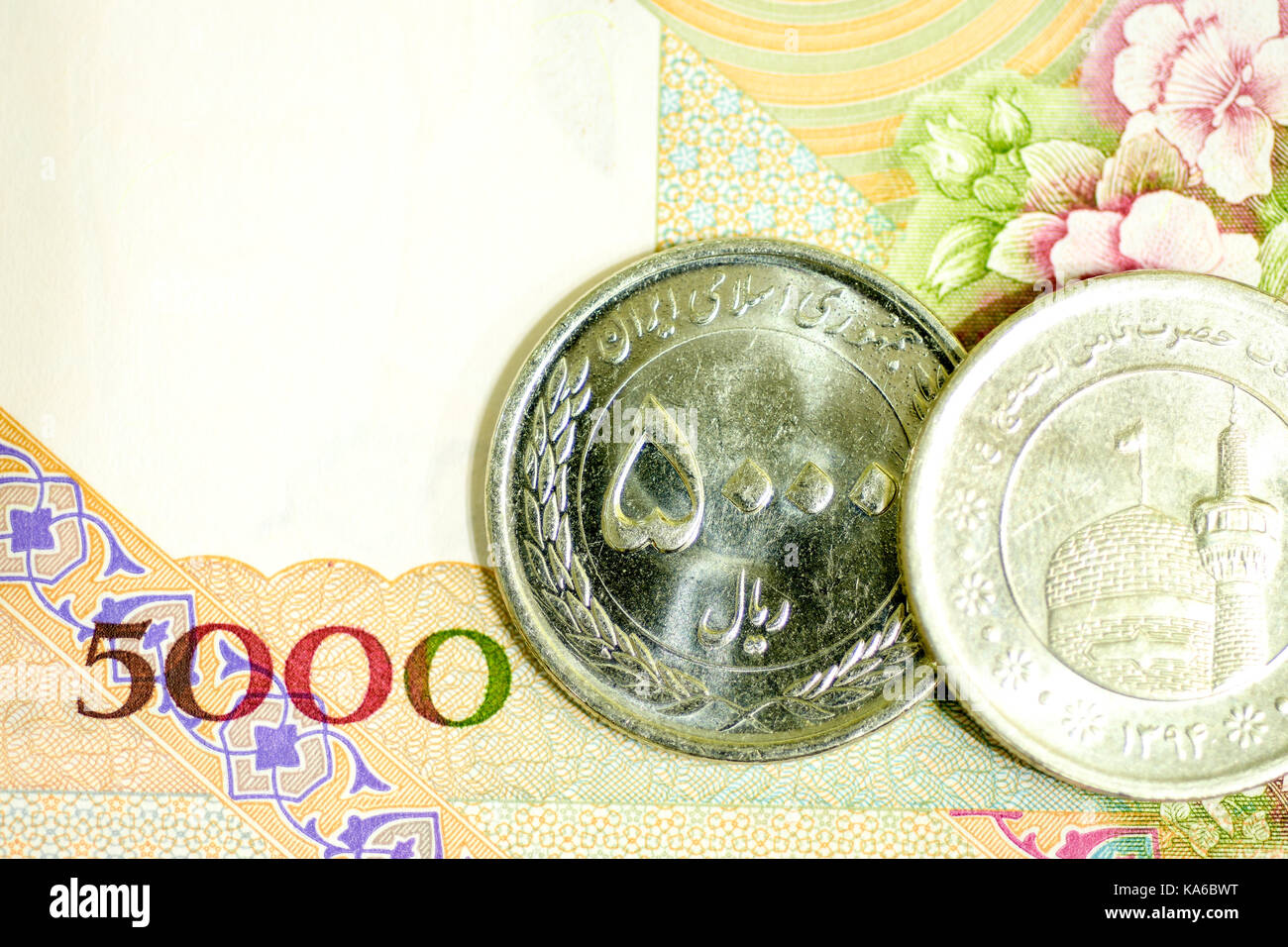 Close-up Iranian banknote and currency, Rials, Islamic Republic of Iran ...