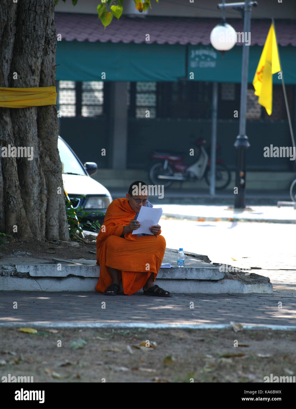 Daily life in a Buddhist monastery. Buddhist monk reads a book under a ...