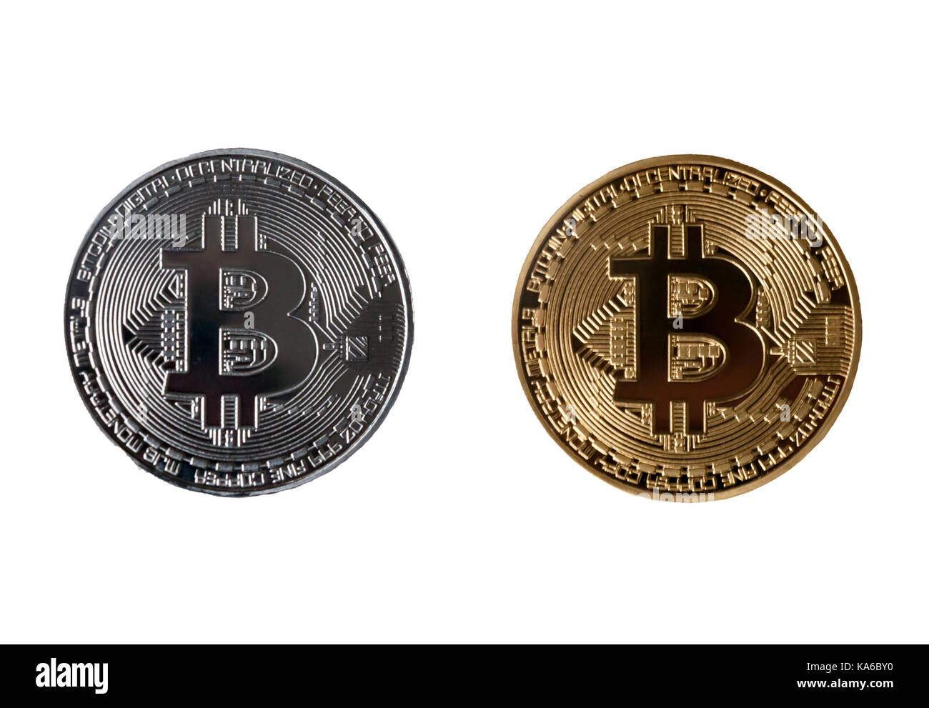 Gold and silver coins Bitcoin isolated on white Stock Photo - Alamy