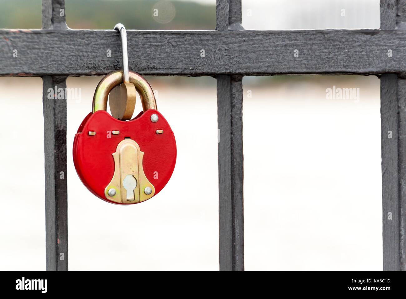 Lock as a symbol of eternal love. Metal locks on the railing of the ...
