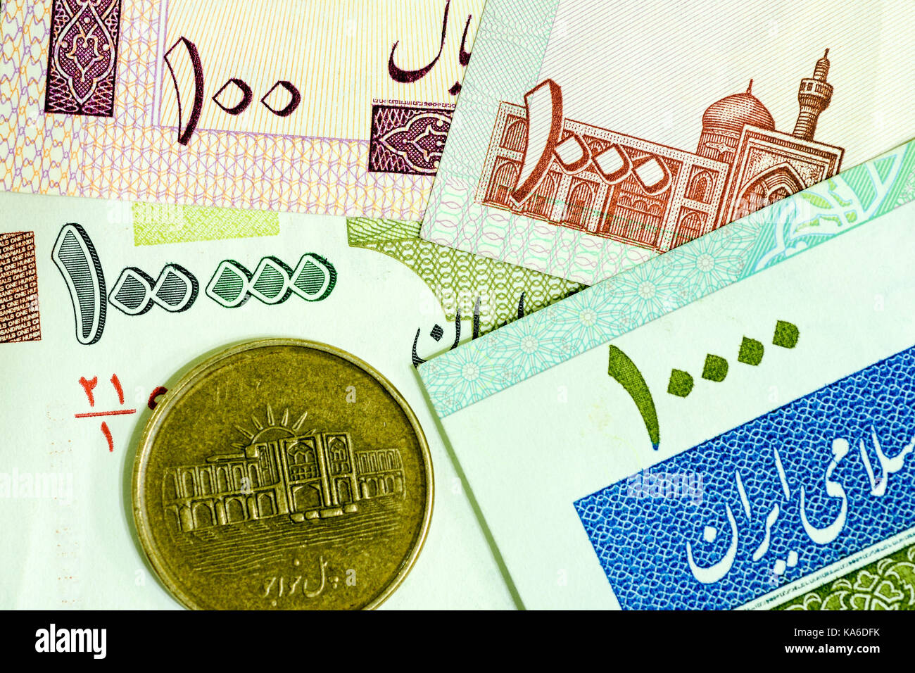 Close-up Iranian banknote and currency, Rials, Islamic Republic of Iran ...