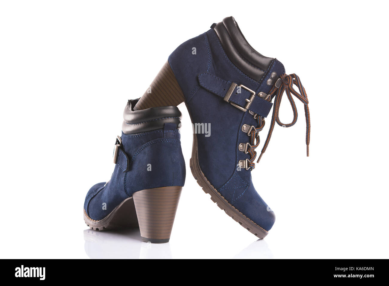 Dark blue boots with bootlaces, isolated on white background Stock ...