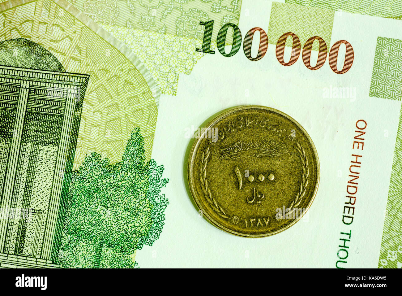 Close-up Iranian banknote and currency, Rials, Islamic Republic of Iran ...