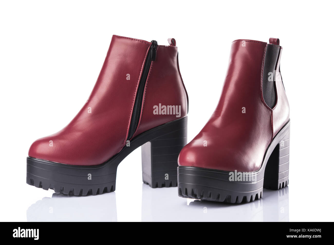 Dark red chunky heel boots, isolated on white background Stock Photo ...