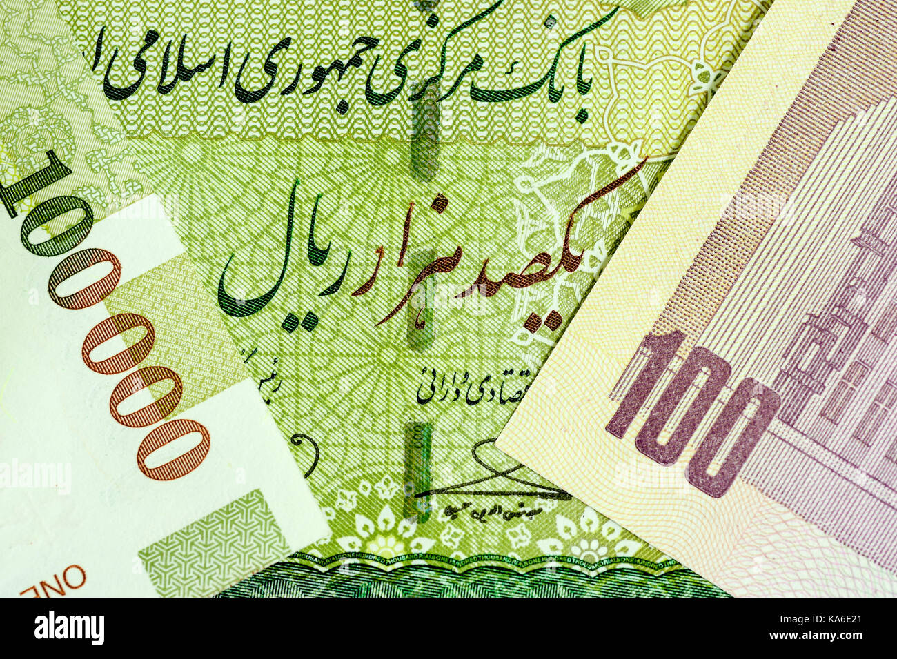 Close-up Iranian banknote and currency, Rials, Islamic Republic of Iran ...
