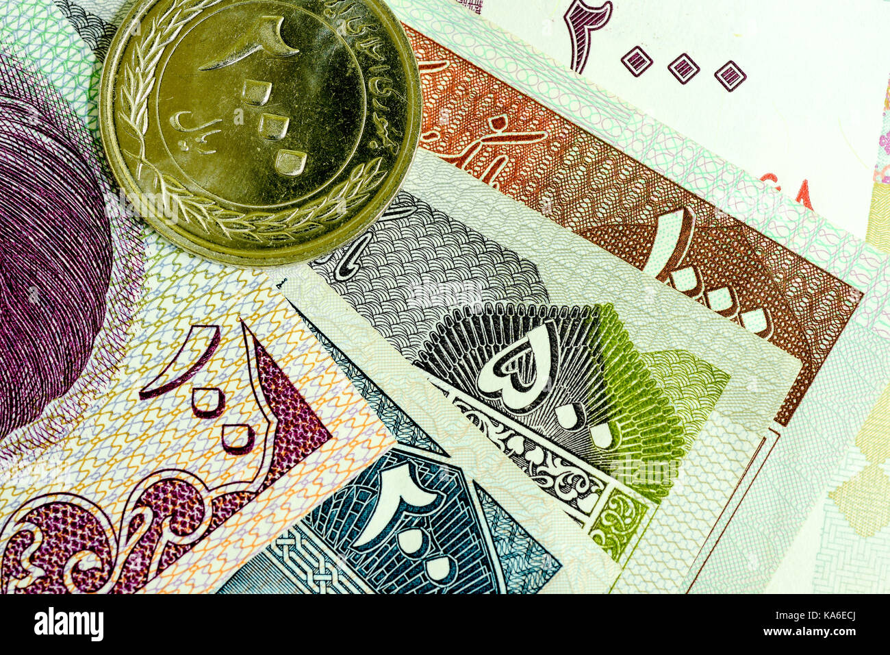 Close-up Iranian banknote and currency, Rials, Islamic Republic of Iran ...